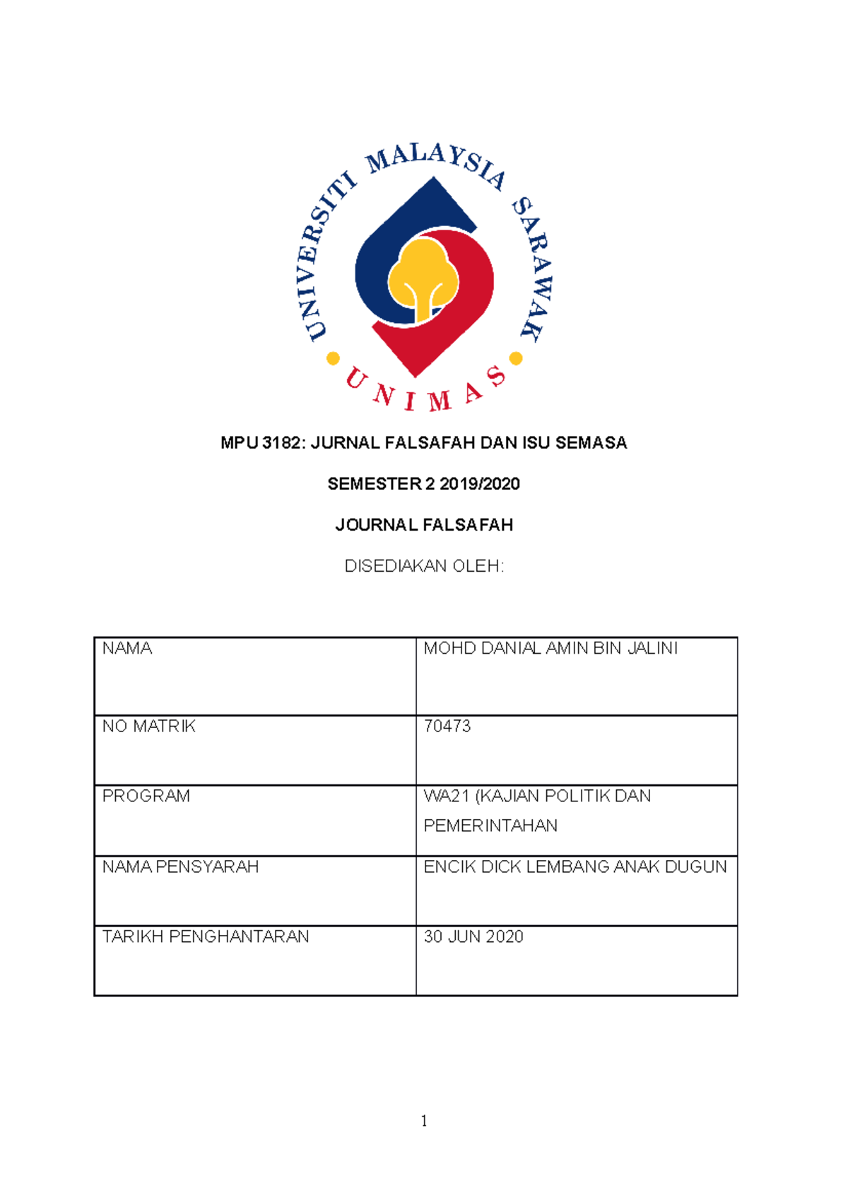 MPU 3182: Jurnal Falsafah dan Isu Semasa - Semester 2 2019/2020 - Studocu