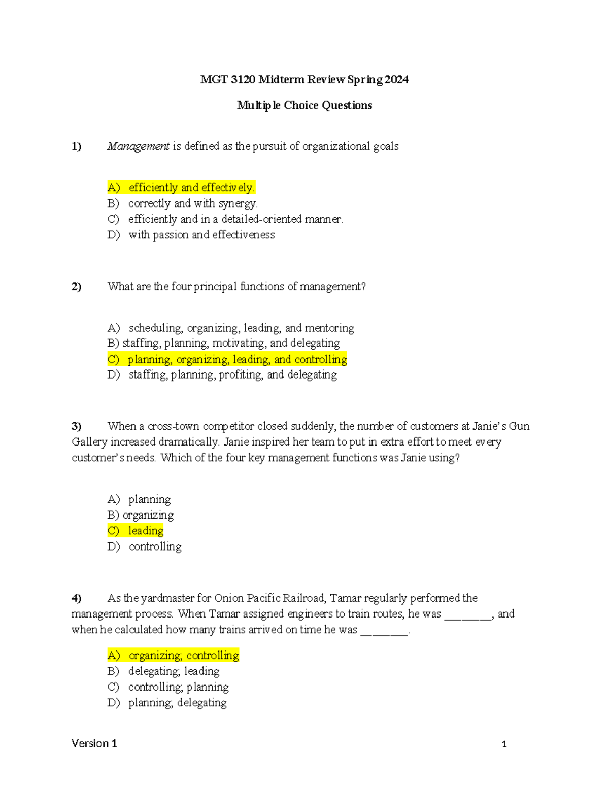 MGT 3120 Midterm Review Spring 2024: Multiple Choice Questions & Answers - Studocu