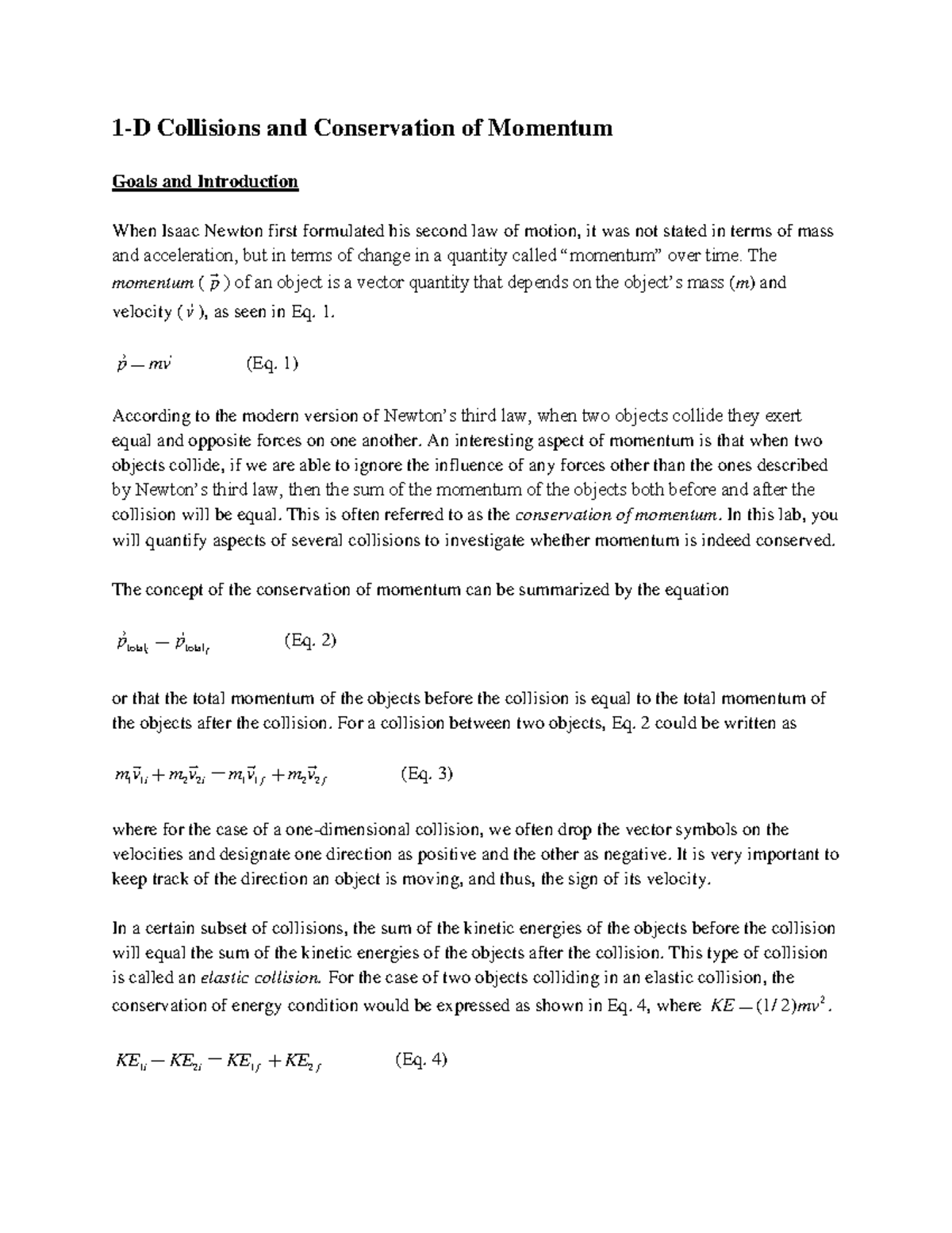 1 D Collisions Conservation Of Momentum Lab Report Analysis Studocu