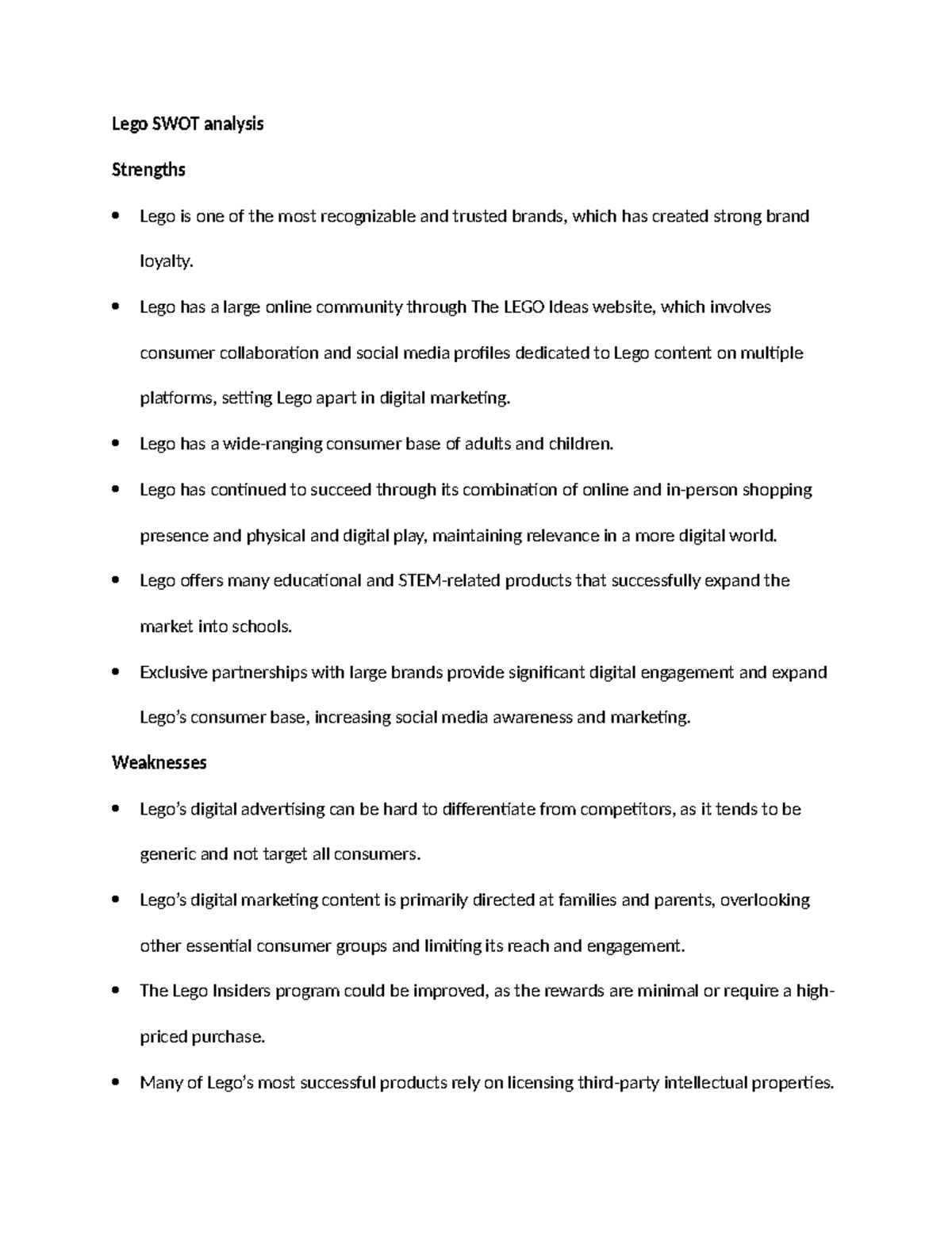Lego SWOT Analysis: Strengths, Weaknesses, Opportunities, Threats - Studocu