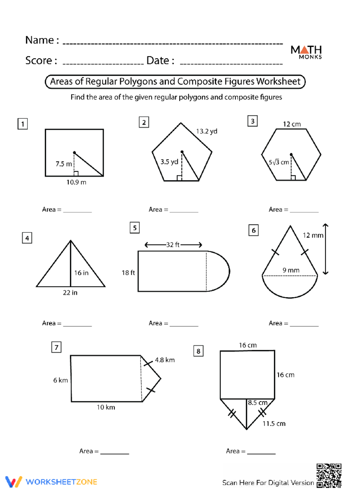 MATH Geometry Worksheet: Areas of Regular Polygons & Composite Figures ...