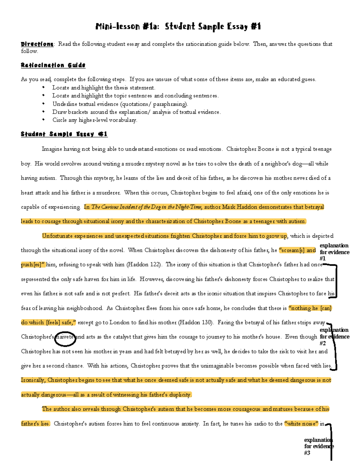 Essay 1 - Analysis of Student Sample: The Curious Incident of the Dog ...