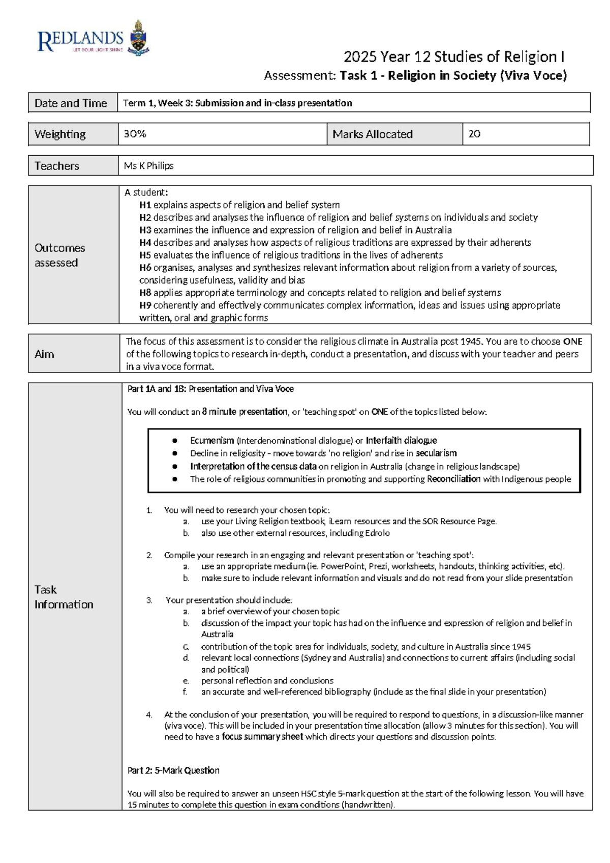 2025 Year 12 SOR I Assessment Task 1: Religion in Society Viva Voce ...