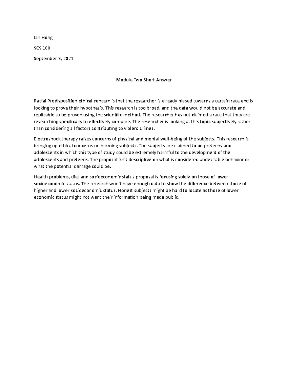 SCS 100 Module two Short answer - Ian Hoag SCS 100 September 9, 2021 ...