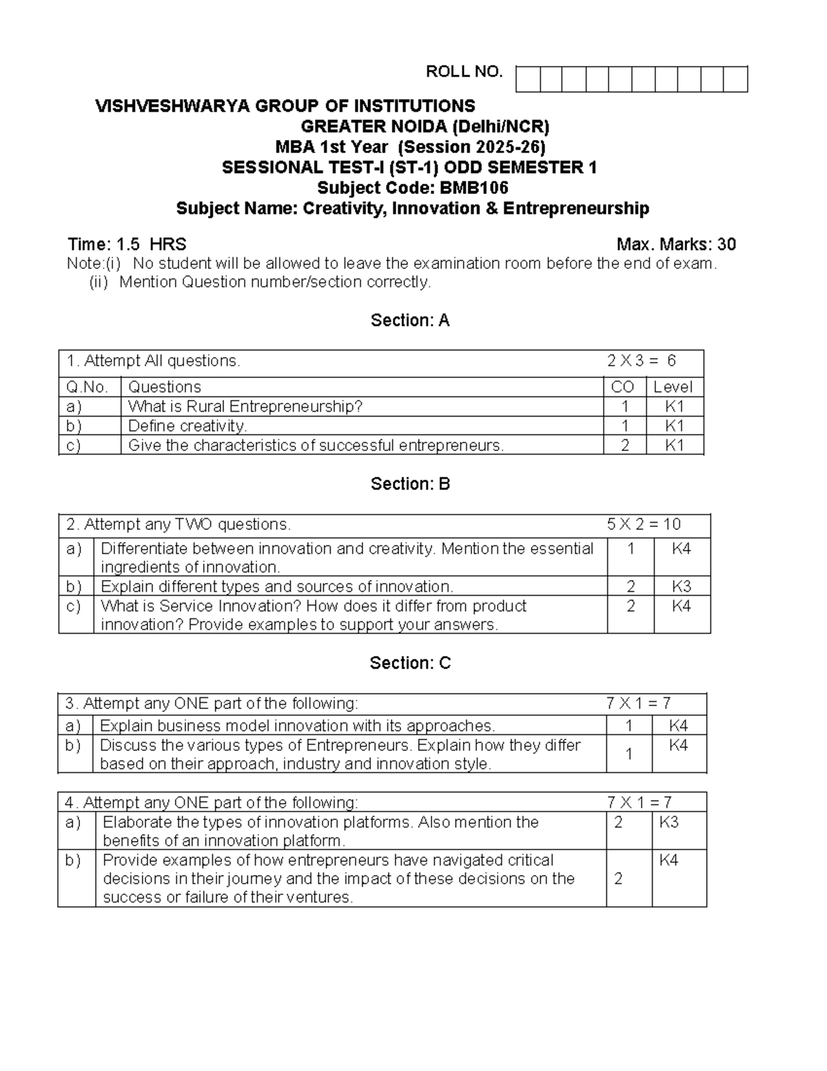 BMB106 Sessional Exam: Creativity, Innovation & Entrepreneurship - Studocu