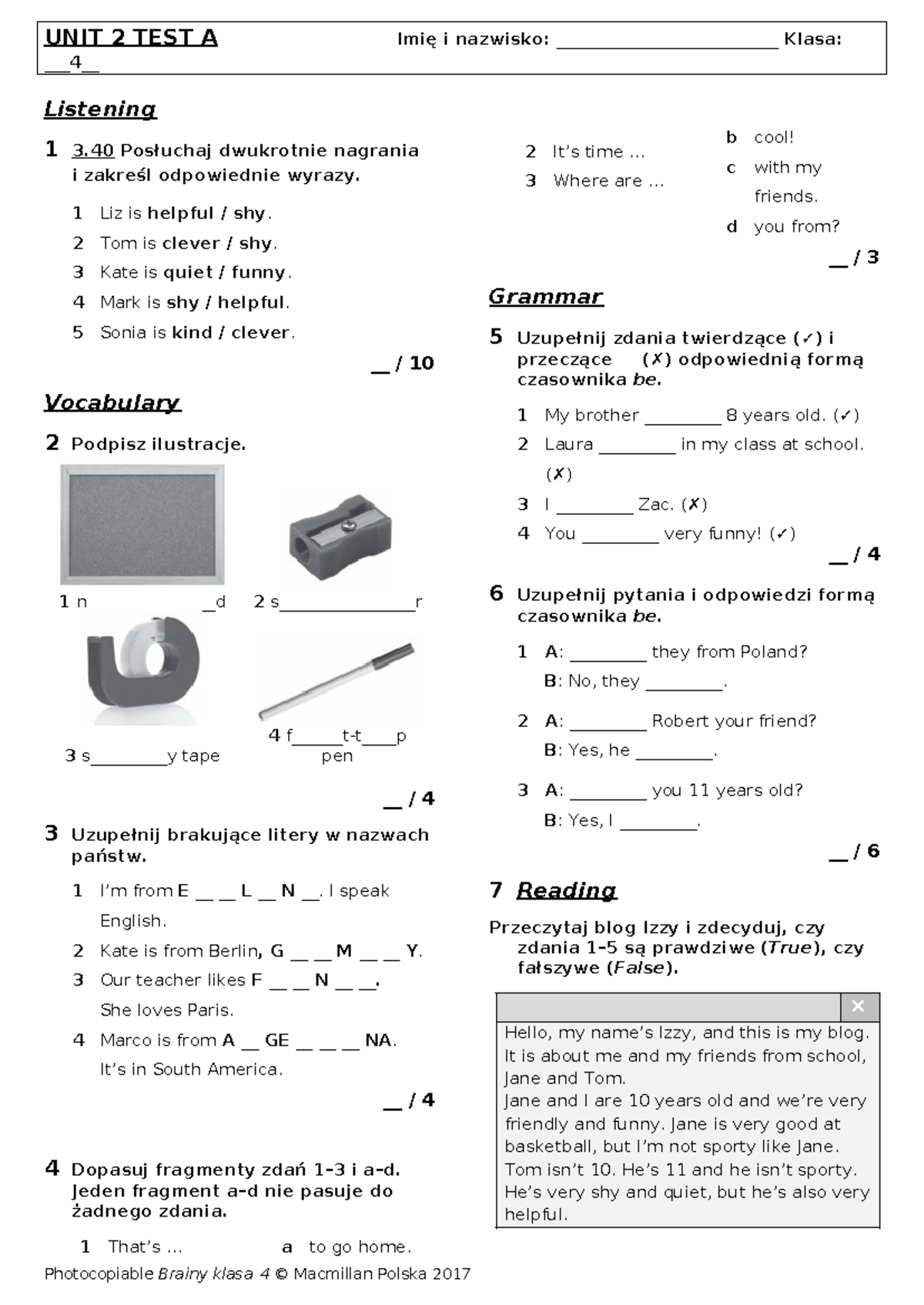 Brainy KL4 Unit Test A - Listening, Vocabulary, Grammar, Reading - Studocu