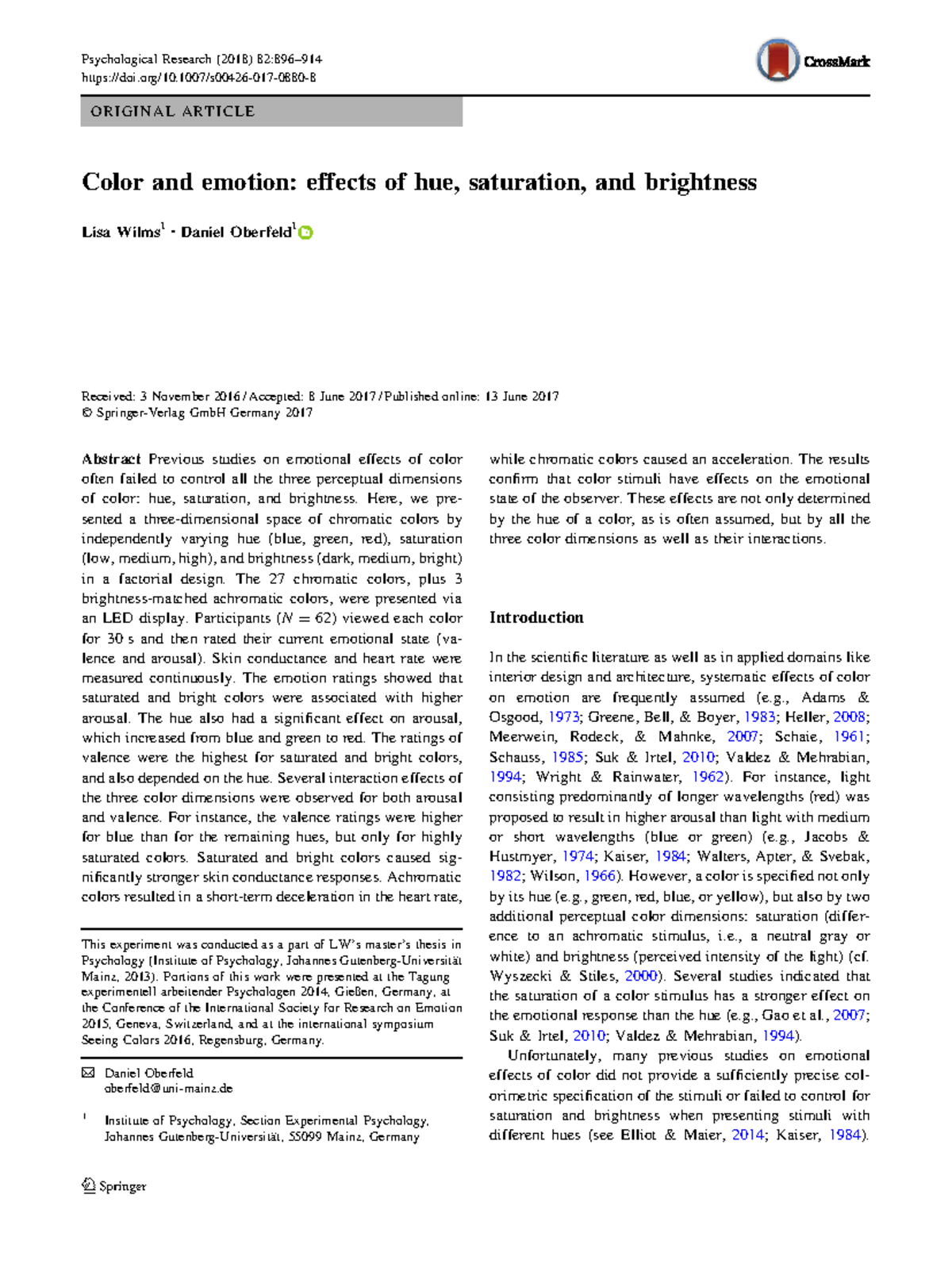 Psychological Research (2018) Case Study: Color and Emotion Effects on Arousal - Studocu
