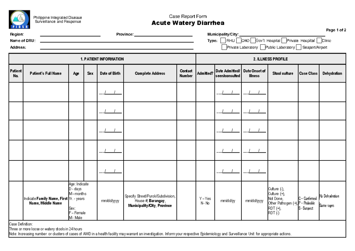 Acute Watery Diarrhea Case Report Form RESU8 - Studocu