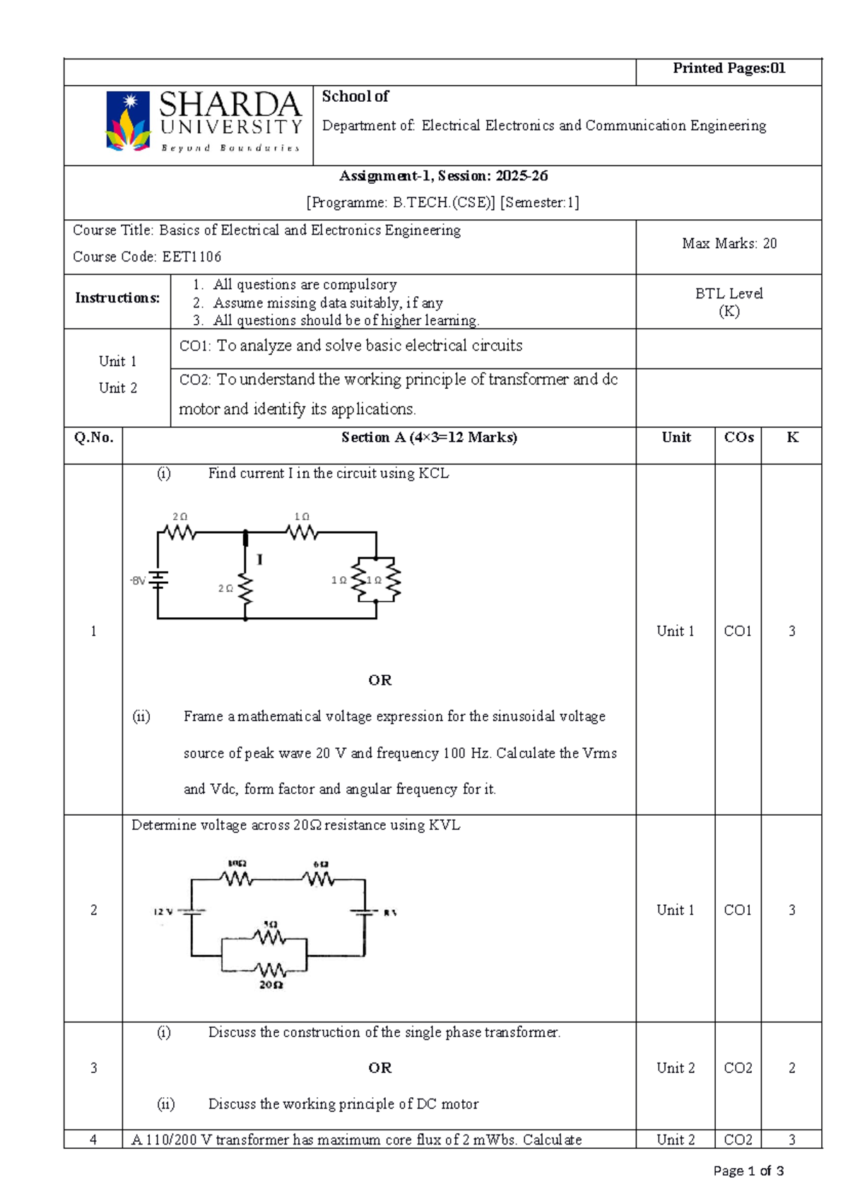EET1106: Basics of Electrical & Electronics Engineering Assignment 1 - Studocu