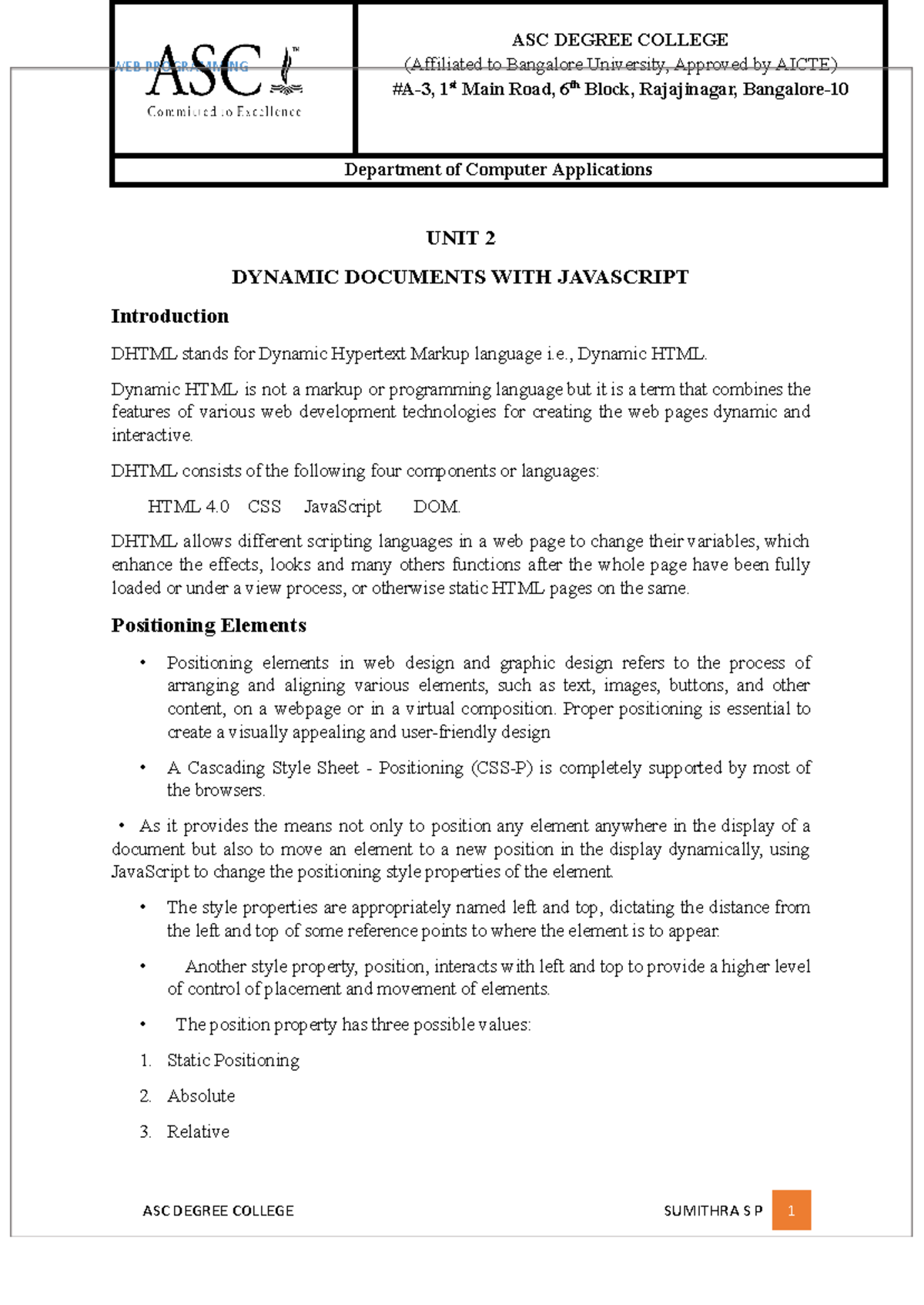 WEB PROGRAMMING (BCA 2024) - Unit 2: Dynamic Documents with JavaScript ...