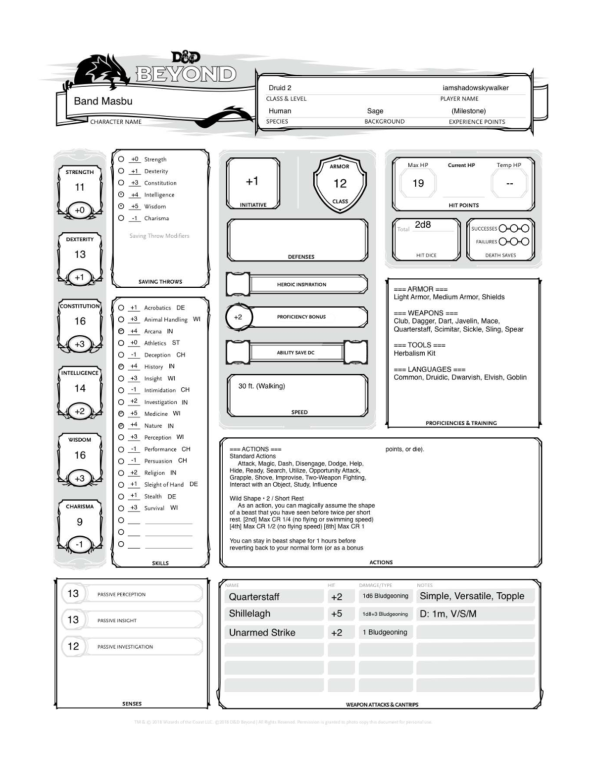 BEYOND Druid 2 Character Sheet for Human Sage Player - Studocu