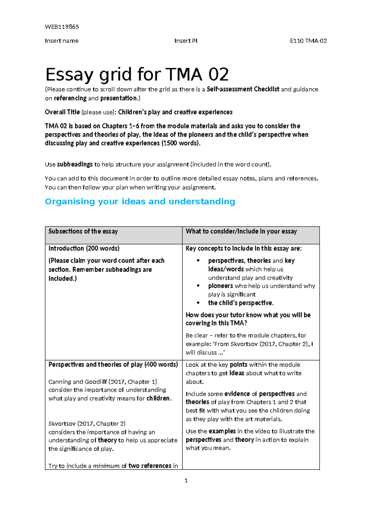 TMA 02 Essay grid - easy grid - Insert name Insert PI E110 TMA 02 Essay ...