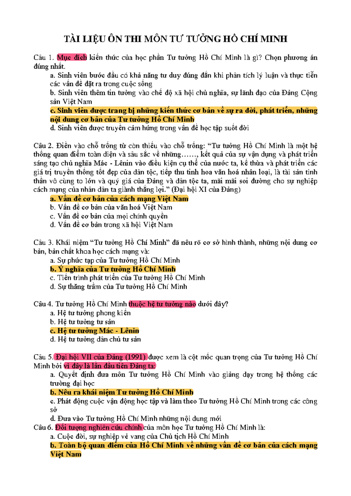 TÀI LIỆU ÔN THI MÔN TƯ TƯỞNG HỒ CHÍ MINH - Câu Hỏi và Đáp Án - Studocu