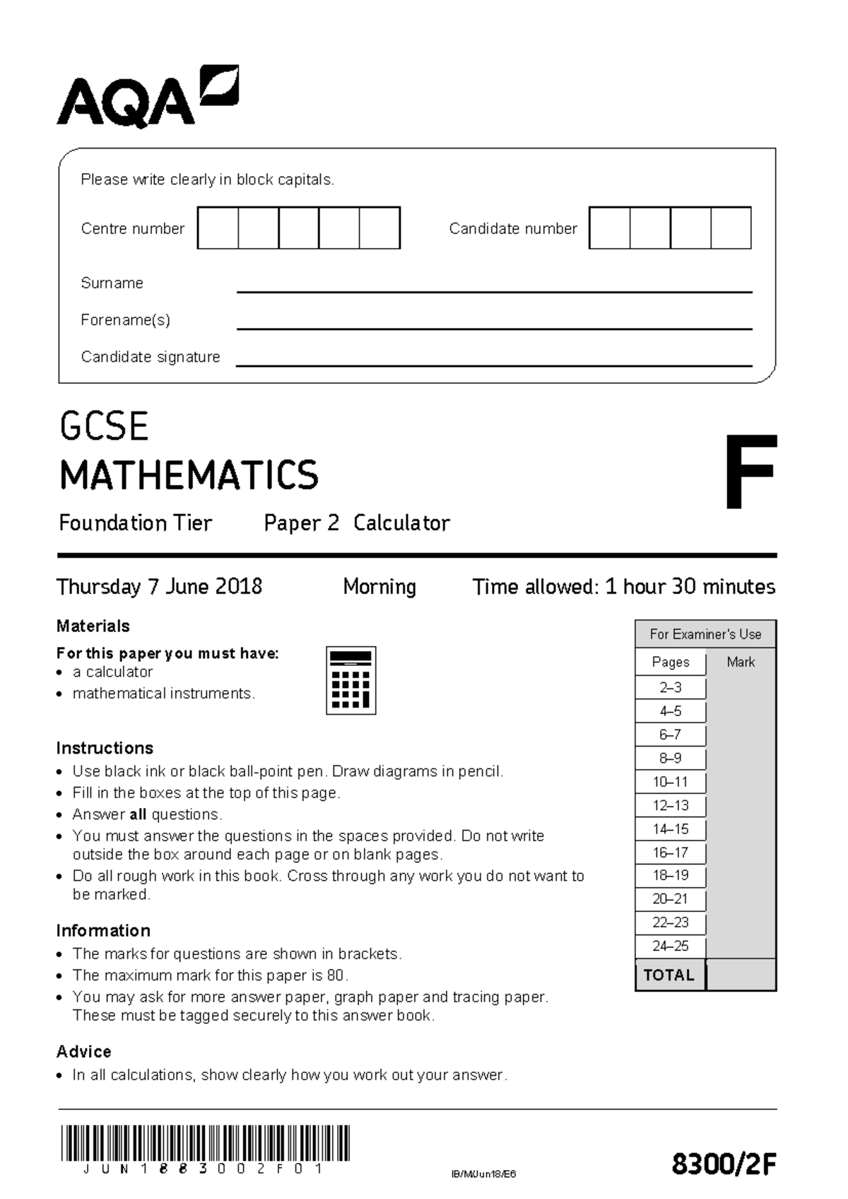 AQA 83002 F GCSE Maths Foundation Tier Paper 2 June 2018 - Studocu