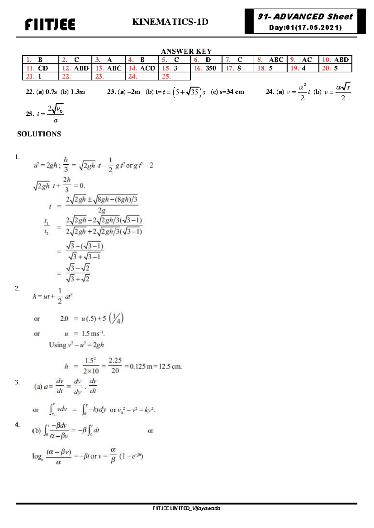 FIITJEE PH116 Kinematics-1D Advanced Sheet Answer Key - Studocu