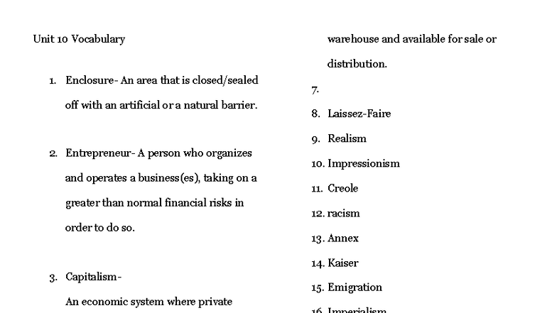 World History Unit 10 Vocabulary: Key Terms and Definitions - Studocu