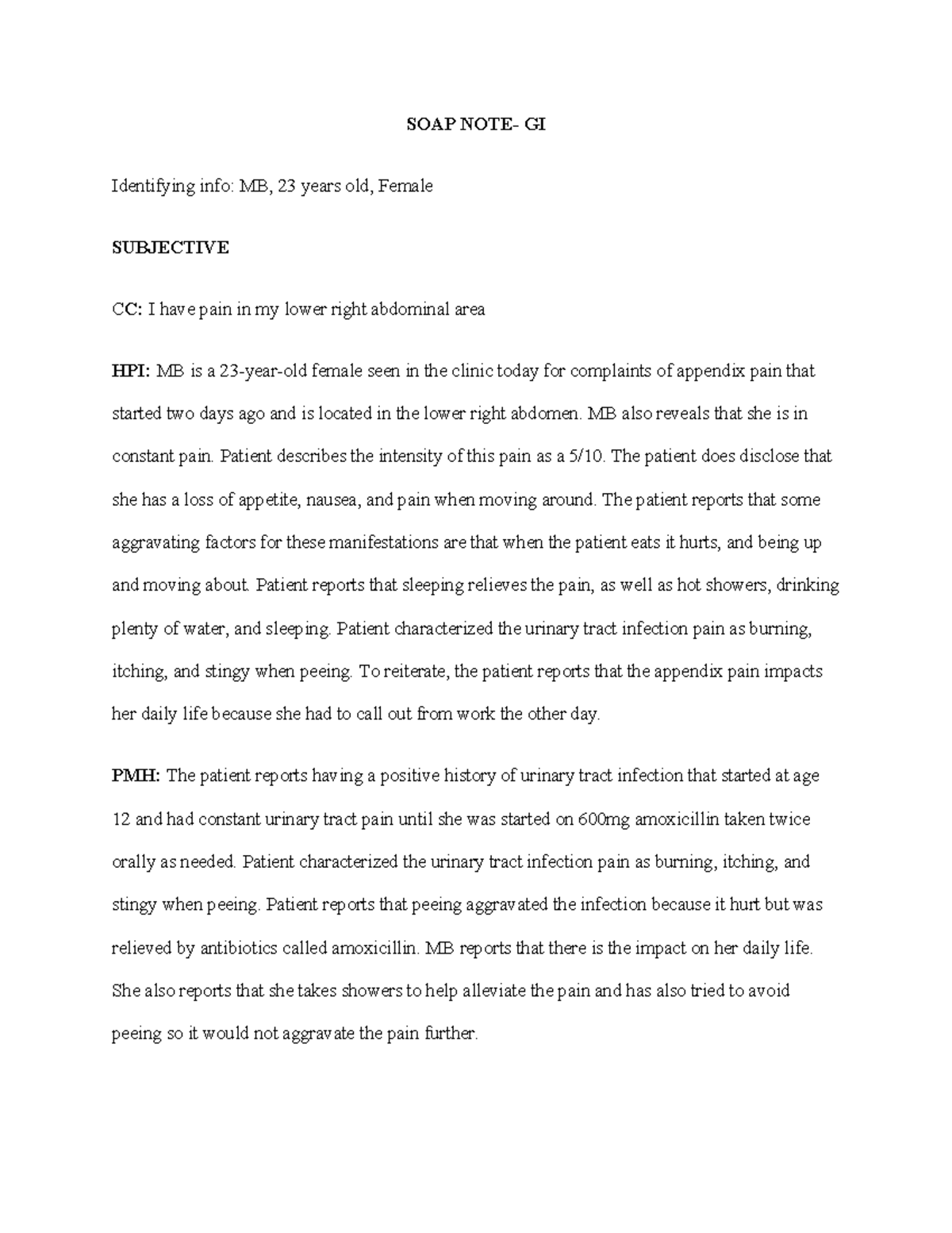 SOAP Note: GI Assessment for Patient MB (23, Female) - Studocu