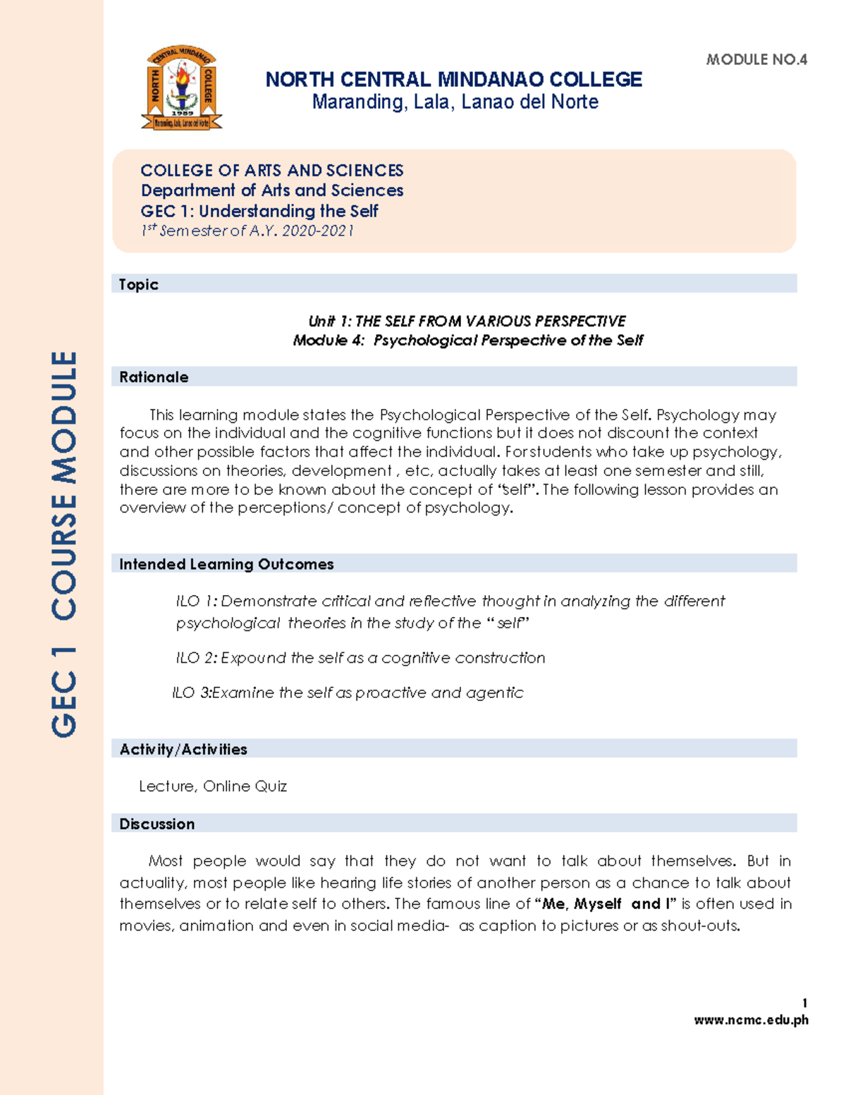 Gec 1 module 4 - understanding the self - 1 GEC 1 COURSE MODULE NORTH ...
