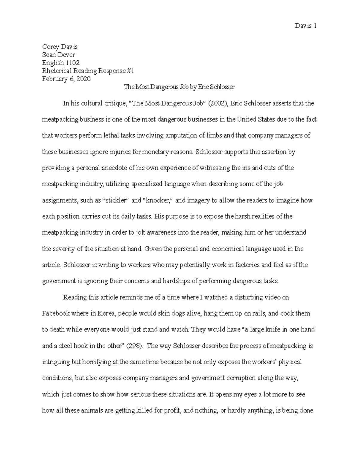 ENGL 1102: Rhetorical Reading Response on "The Most Dangerous Job ...