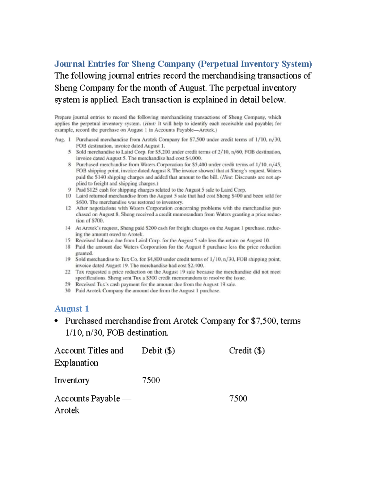 Sheng Company Journal Entries (Perpetual Inventory System) - Studocu