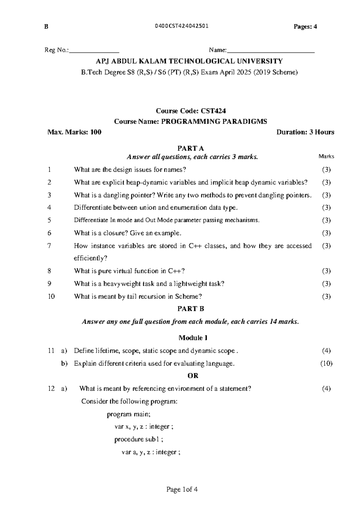 CST424 Programming Paradigms Exam Paper - April 2025 - Studocu