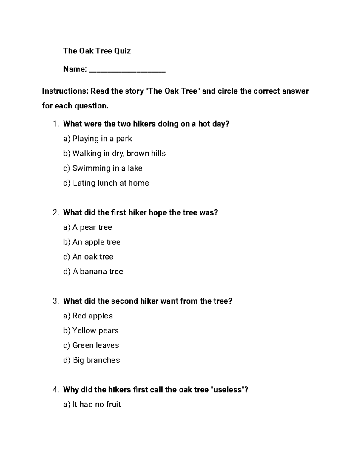 Oak Tree Quiz - Listening Quiz Instructions and Questions - Studocu