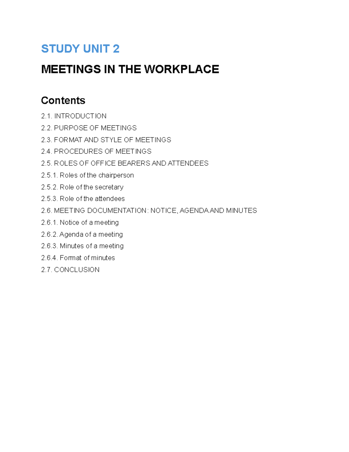 Study Unit 2: Meetings in the Workplace - Key Concepts and Procedures ...