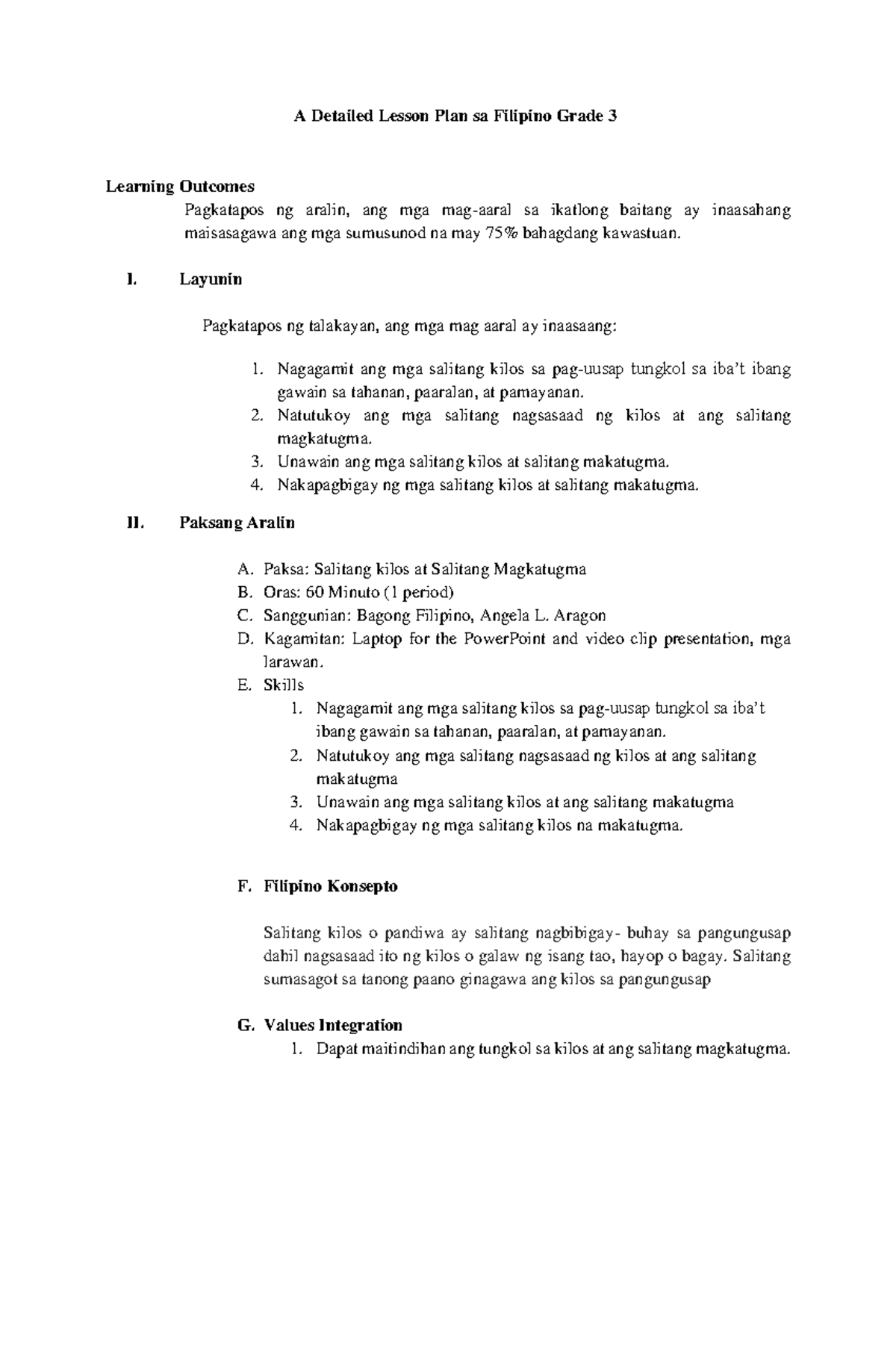 DLP Filipino Grade 3: Lesson Plan on Salitang Kilos at Magkatugma - Studocu