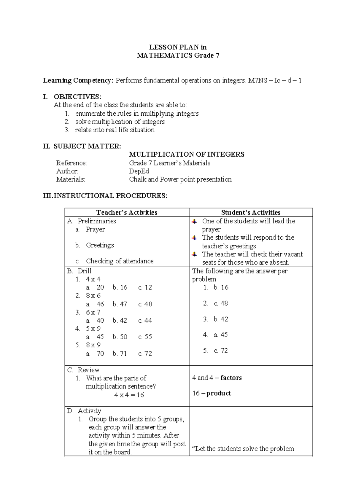 Math 7 - Lesson Plan on Multiplying Integers (M7NS-Ic-d-1) - Studocu