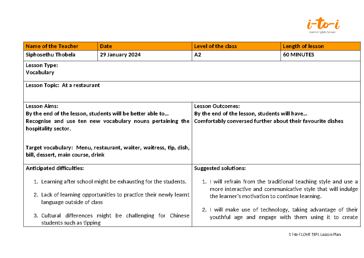 A2 Vocabulary Lesson Plan: Dining at a Restaurant Activities - Name of ...