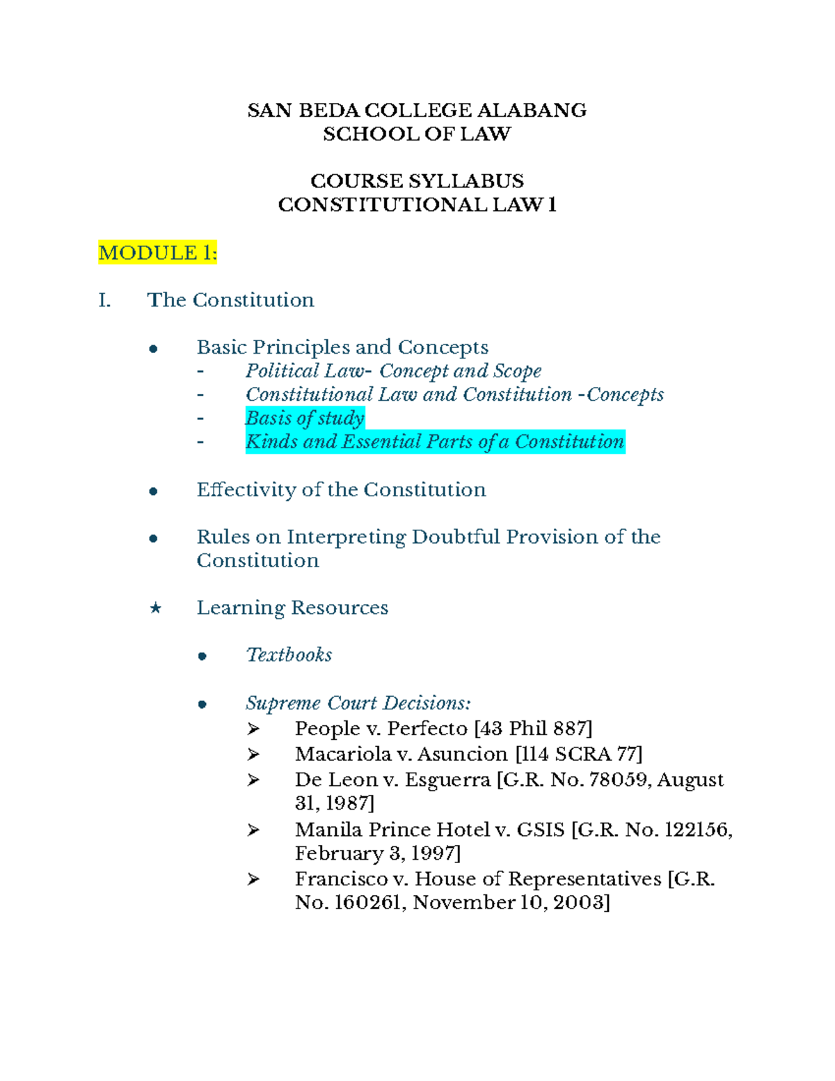 Constitutional Law 1 Syllabus (SAN BEDA COLLEGE ALABANG) - Studocu