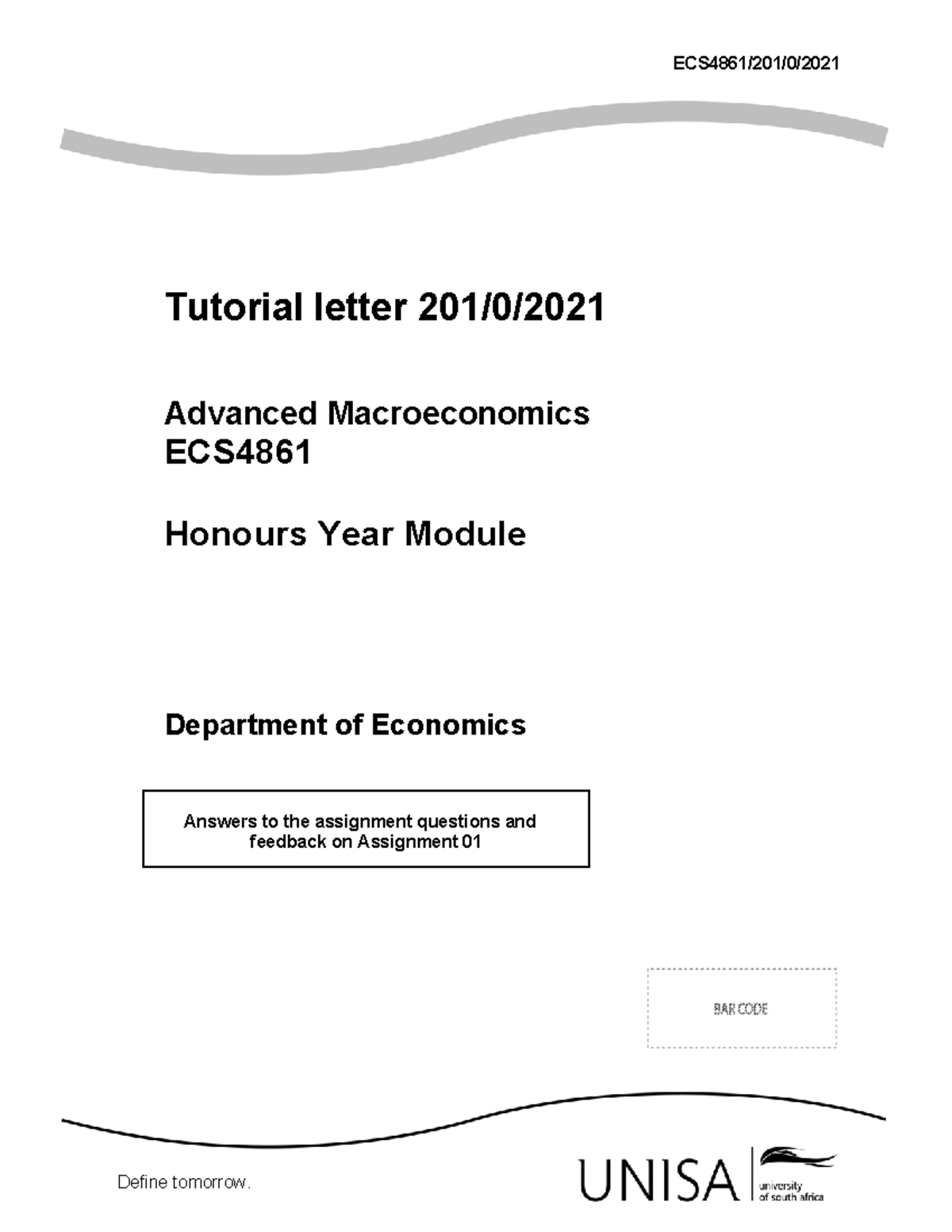 ECS4861 tutorial solutions - ECS4861/201/0/ Tutorial letter 201/0 ...