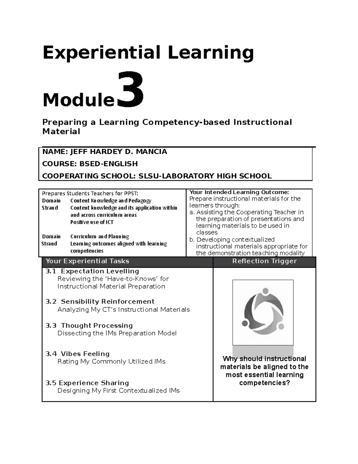 Mancia- Module 3 - Experiential Learning Module 3 Preparing a Learning ...