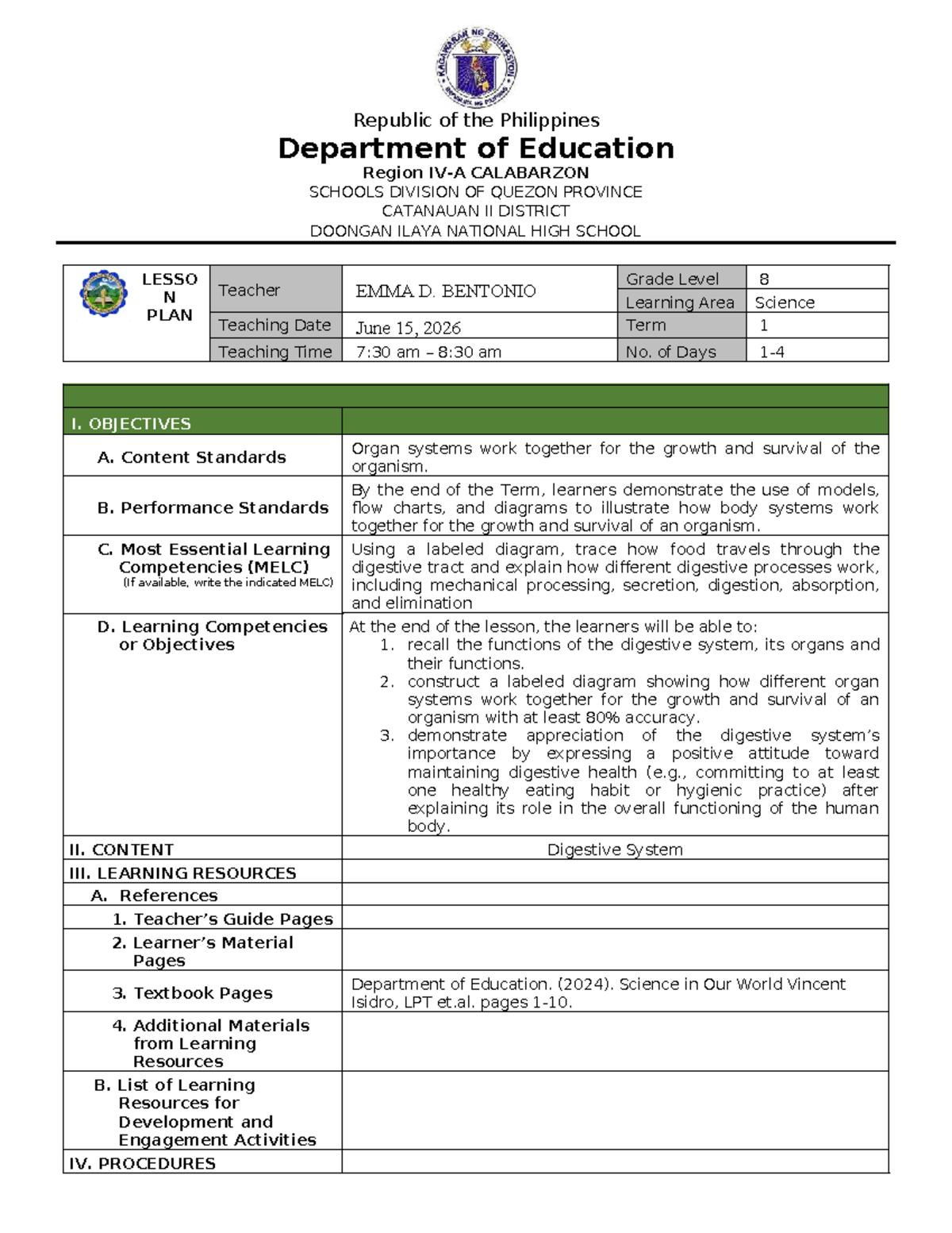 DLL-Science Grade 8 Lesson Plan: Digestive System Overview - Studocu