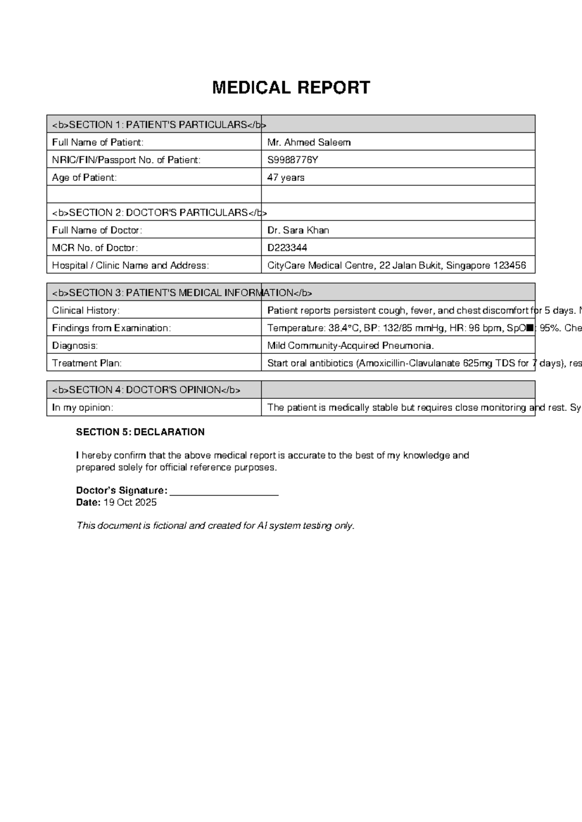 MEDICAL REPORT: Patient S9988776Y - Mild Pneumonia Diagnosis - Studocu