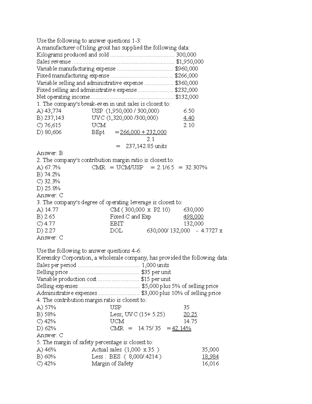 4.1 cvp2 - CVP Analysis - Use the following to answer questions 1-3: A ...