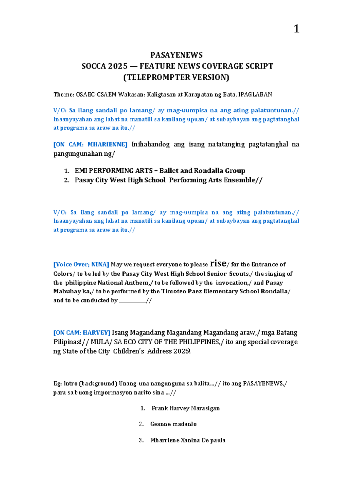 SOCCA 2025: Teleprompter Script for Pasay City News Coverage - Studocu