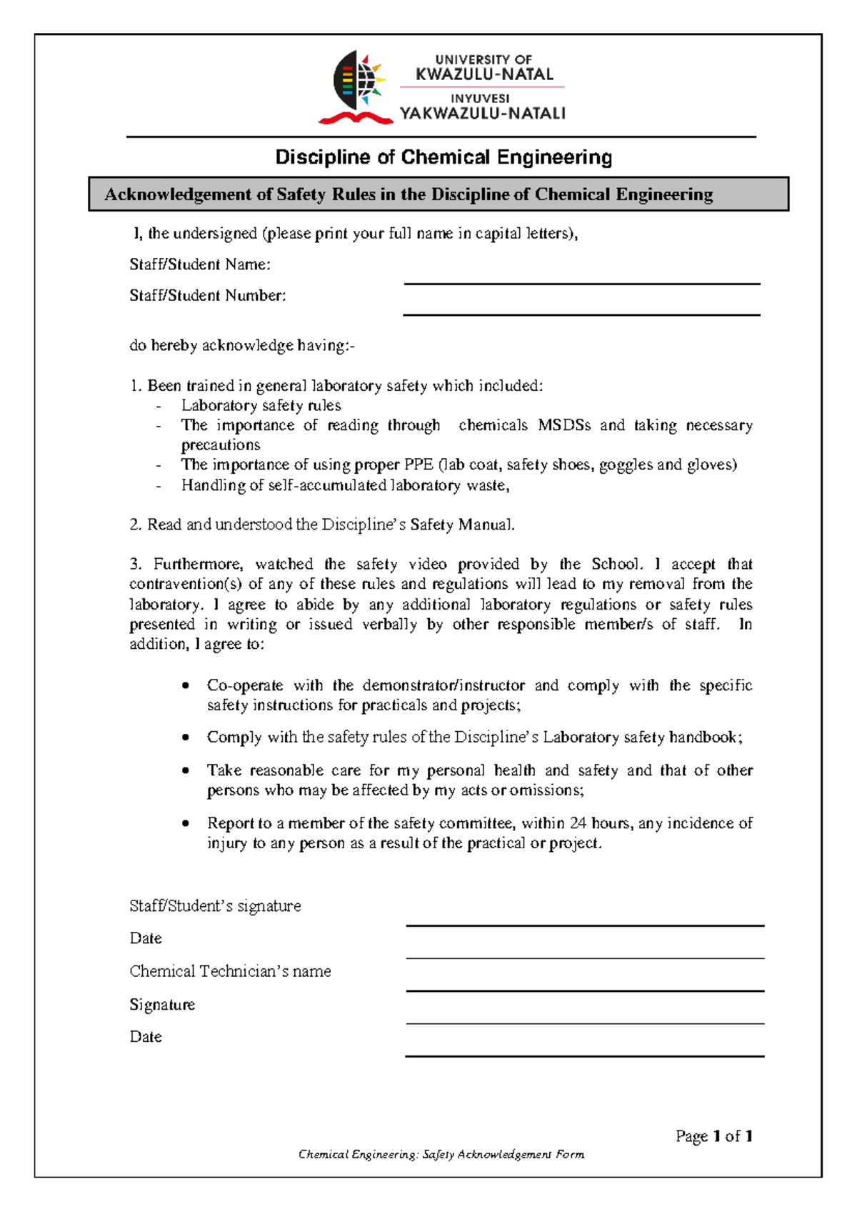 Chemical Engineering Safety Acknowledgement - Rules Compliance Form ...