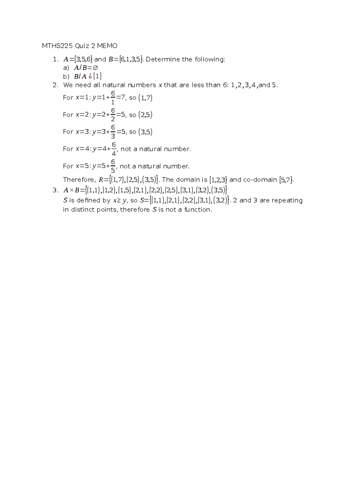 MTHS225 Quiz 2 MEMO - Solutions for Questions 1, 3, 5, 6 - Studocu