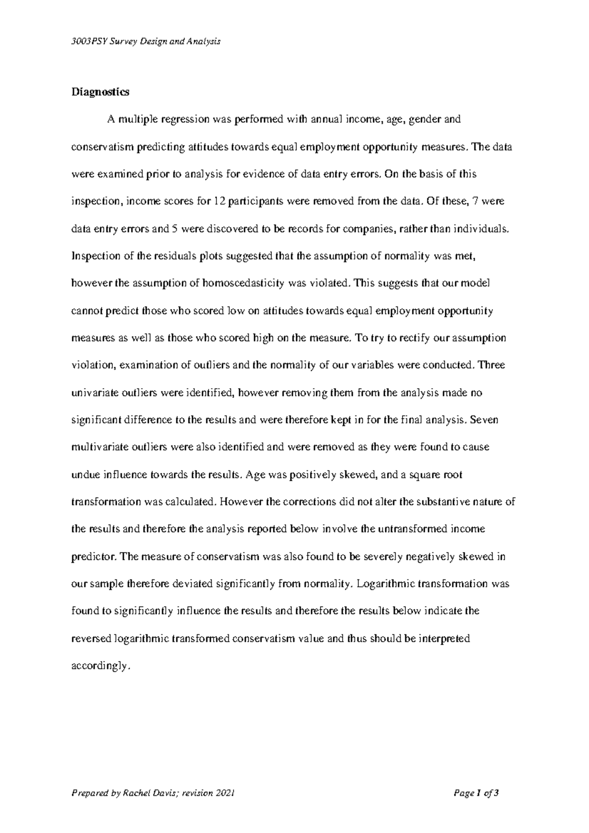 3003PSY Example MR diagnostics and write up - 3003PSY Survey Design and ...