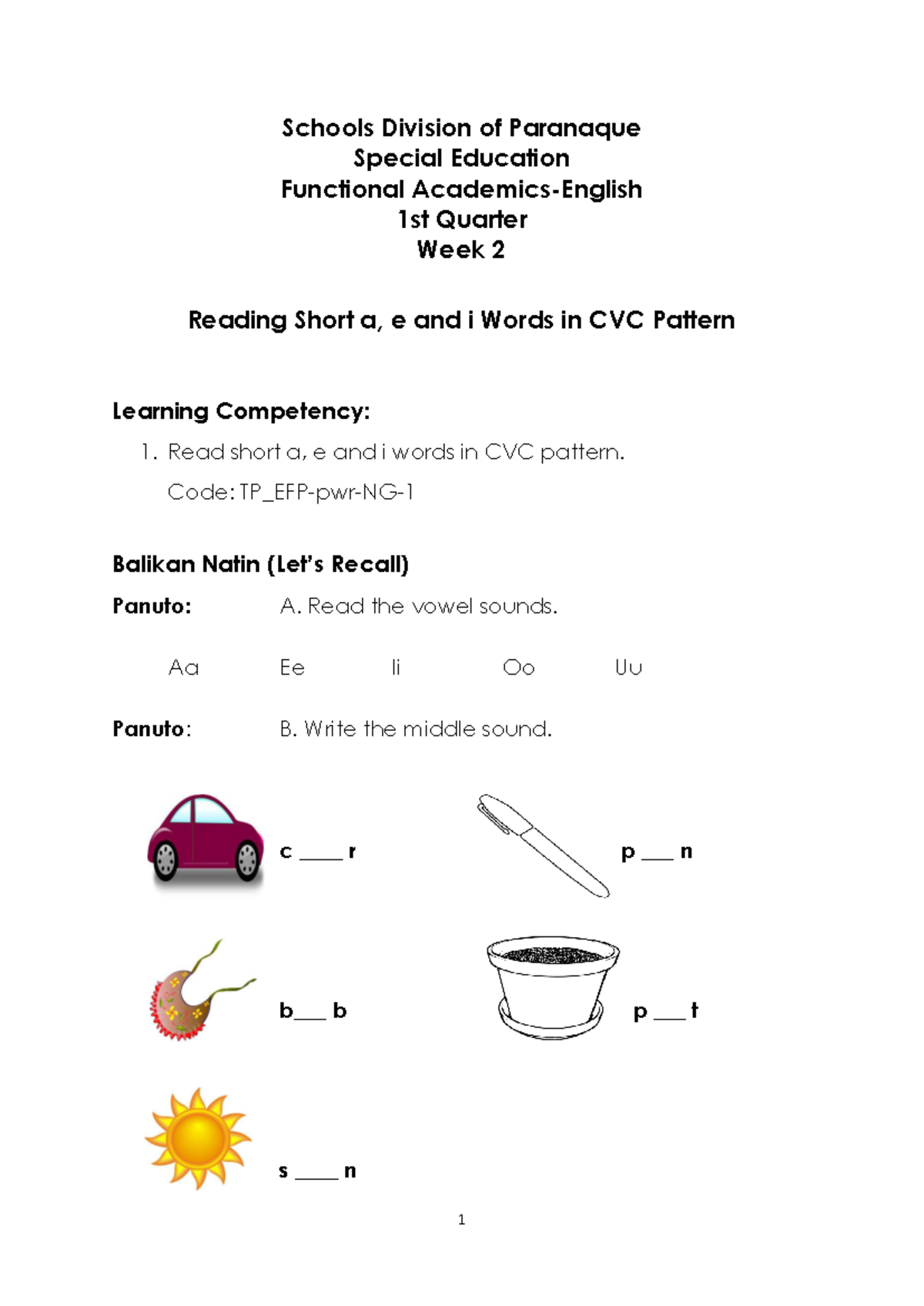 Functional Academics English Transition Program Q1 Module 2 Week 2 ...