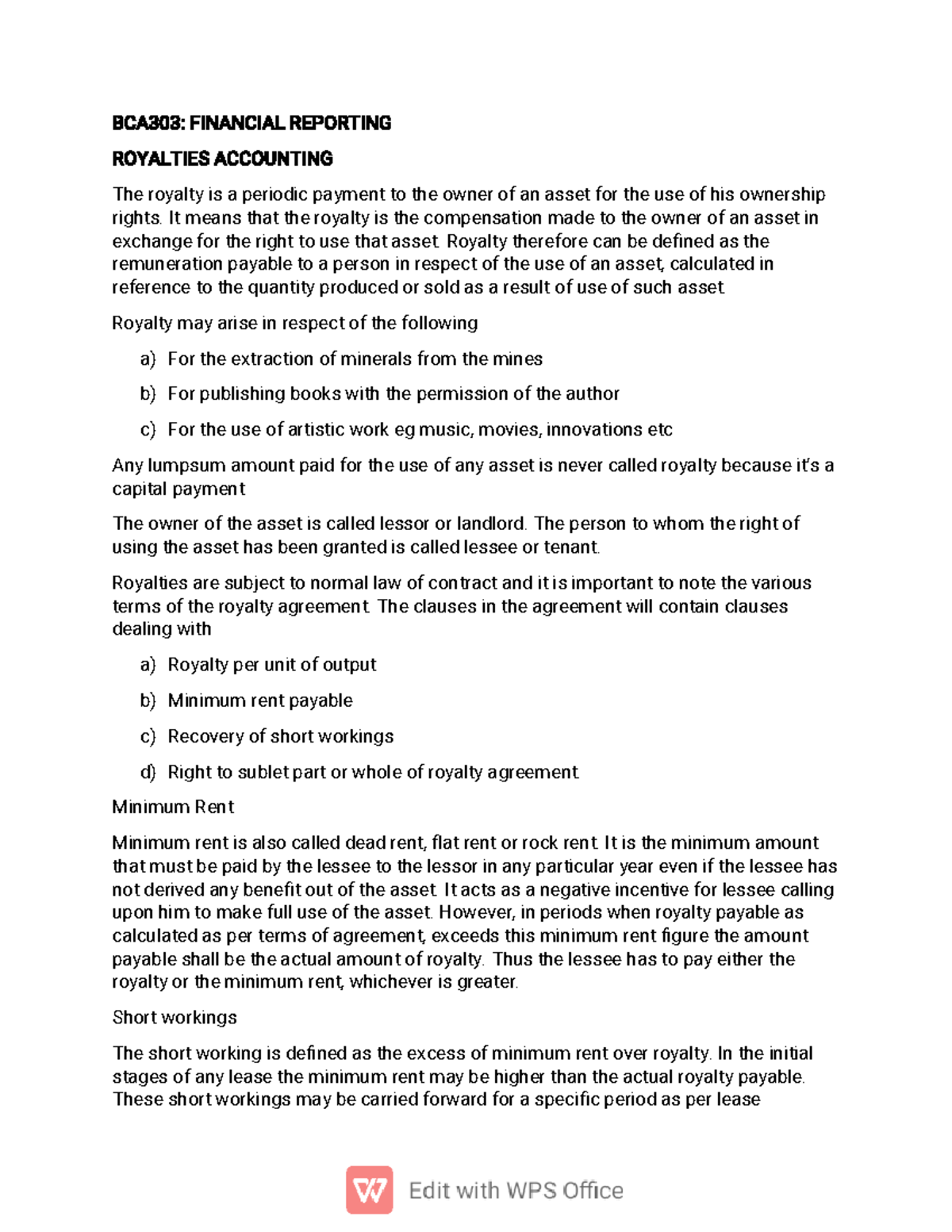 BCA303: Royalty Accounting - Lecture Notes on Royalty Accounts - Studocu