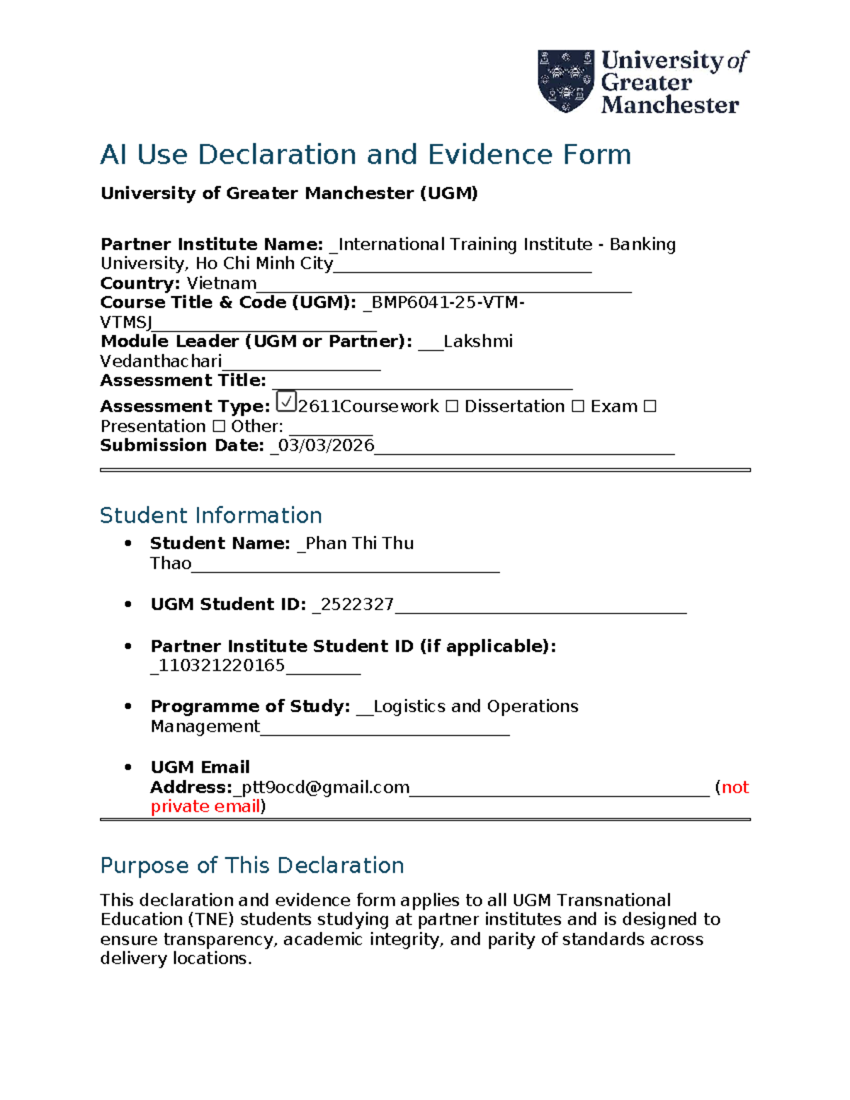 AI Use Declaration and Evidence Form for UGM TNE Students - Studocu