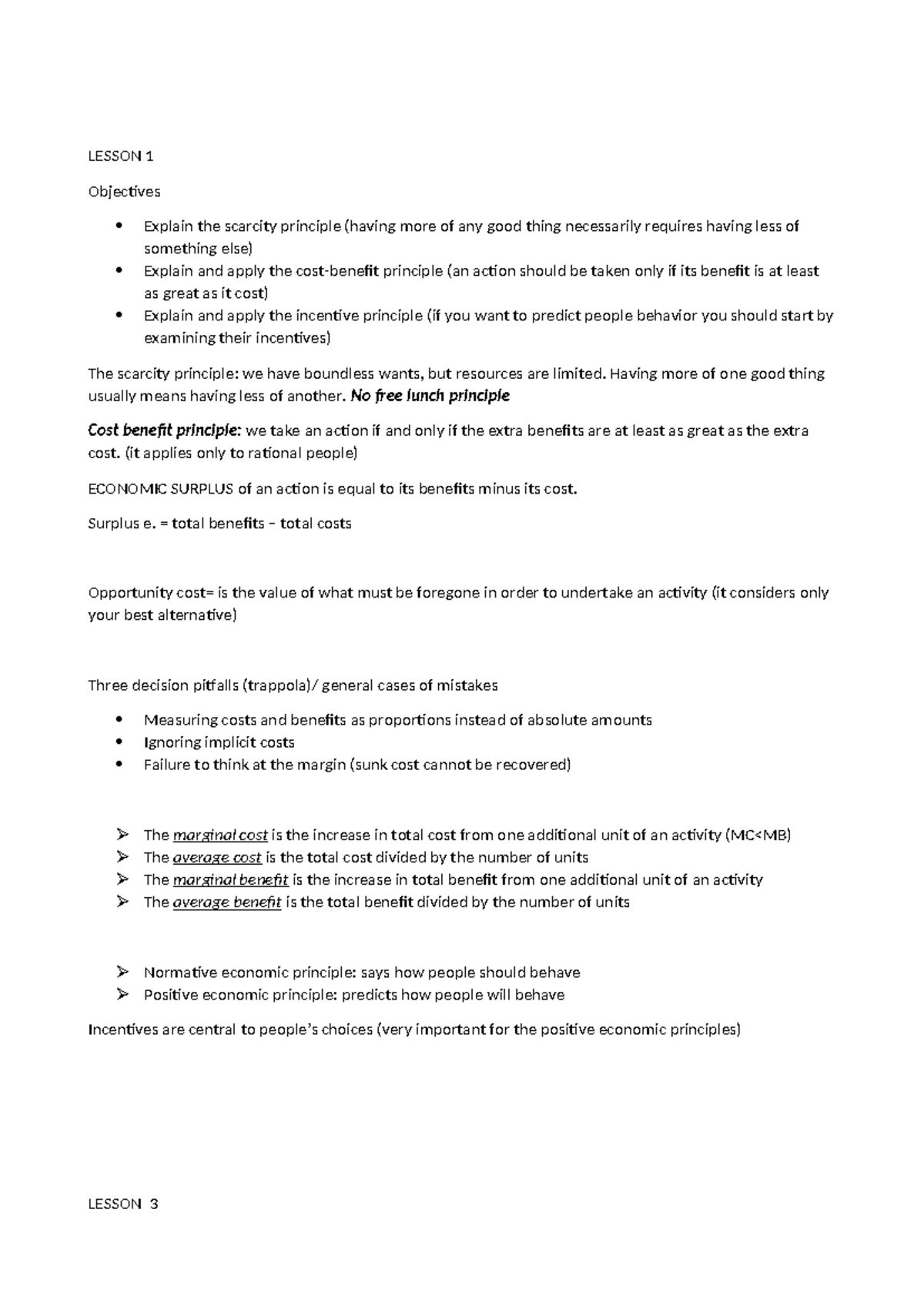 Microeconomics Course Summaries: Lesson 1 Objectives and Principles ...