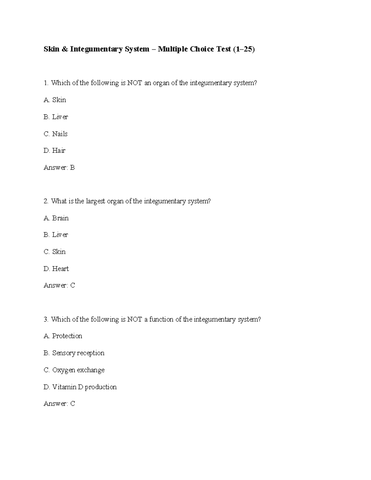 Skin & Integumentary System MCQ Quiz (BIO 101) - Final Exam Review ...