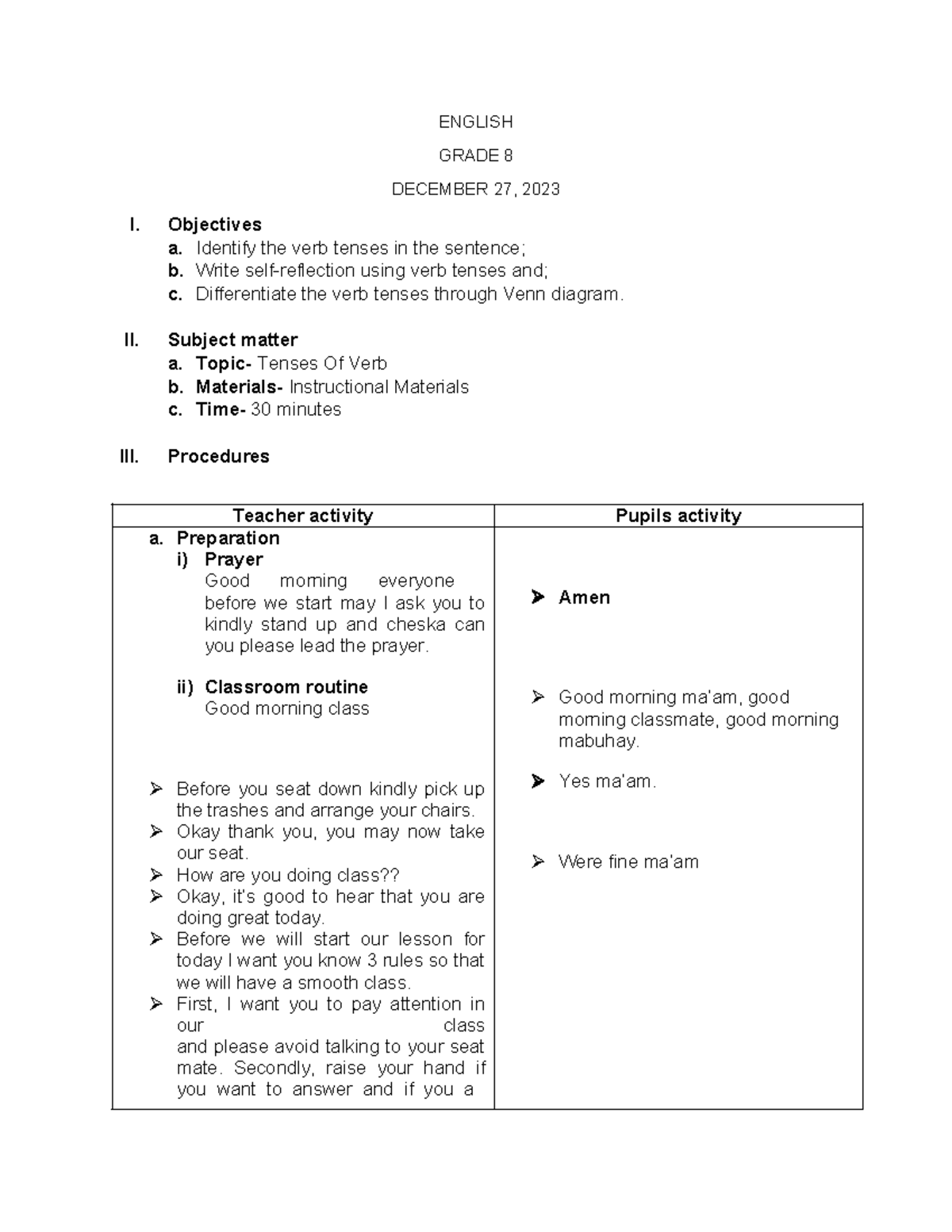 Grade 8 English Lesson Plan on Verb Tenses - December 2023 - Studocu