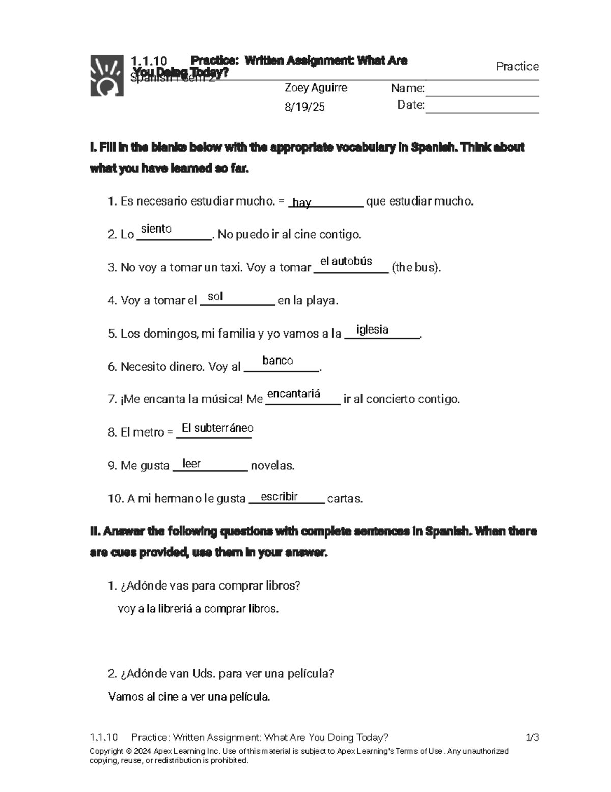 Spanish I Sem 2: 1.1.10 Written Assignment - Daily Activities Practice ...