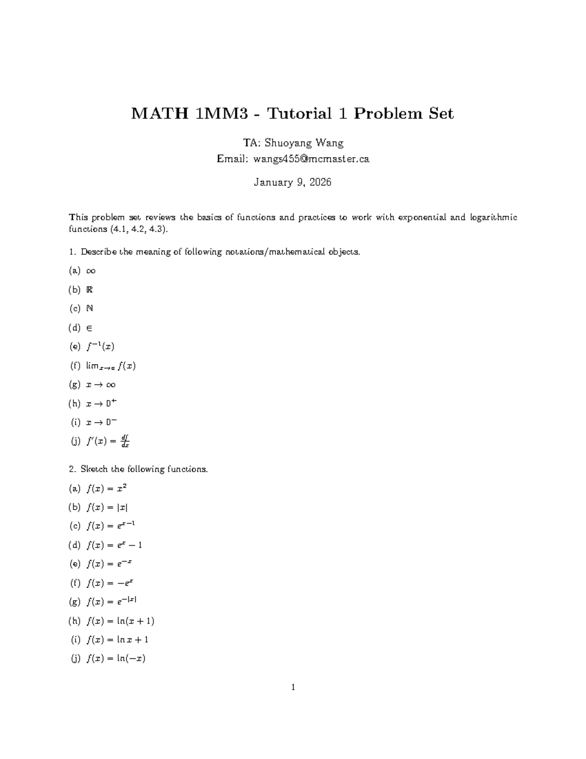 MATH 1MM3 Tutorial 1: Functions & Exponential/Logarithmic Practice ...