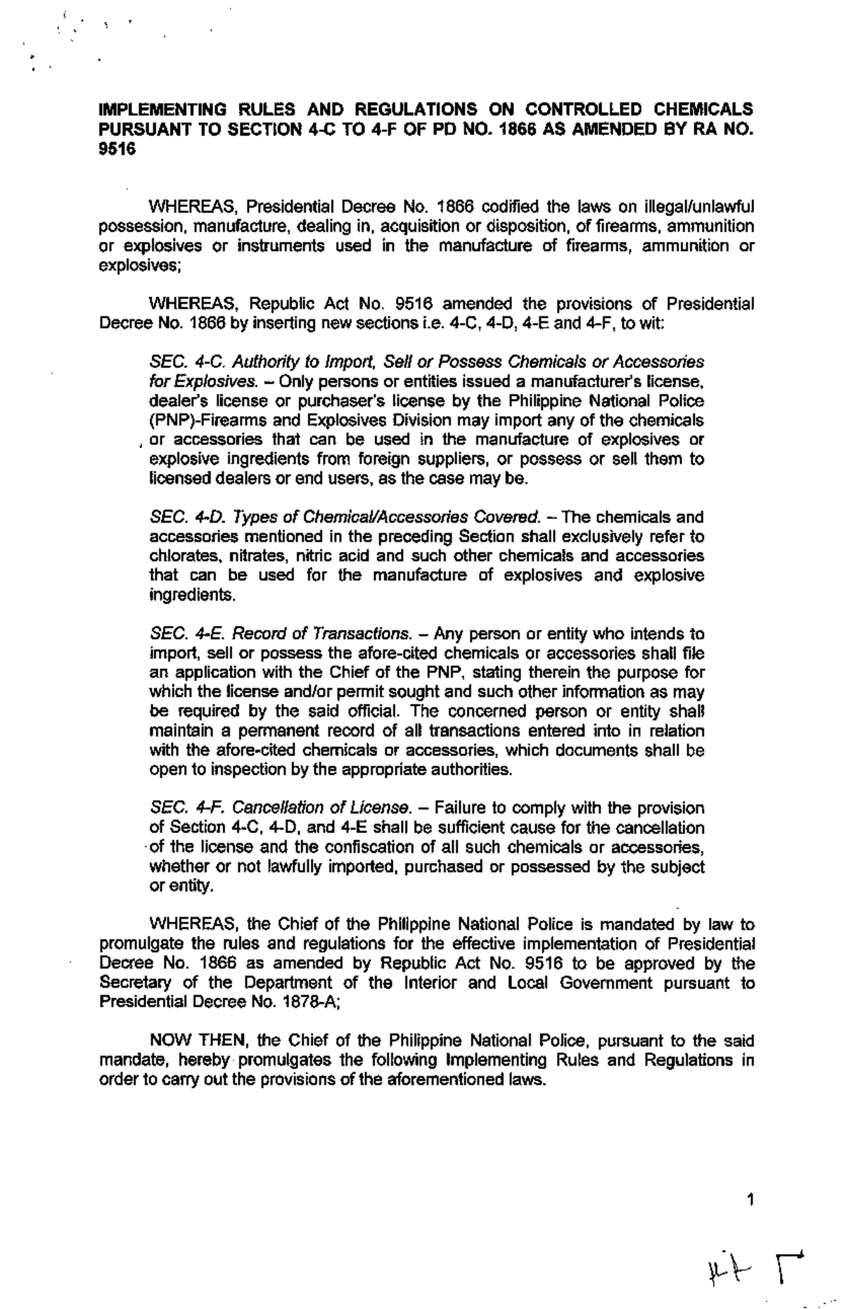 PNP IRR RA 9516 - List of Controlled Chemicals and Regulations - Studocu