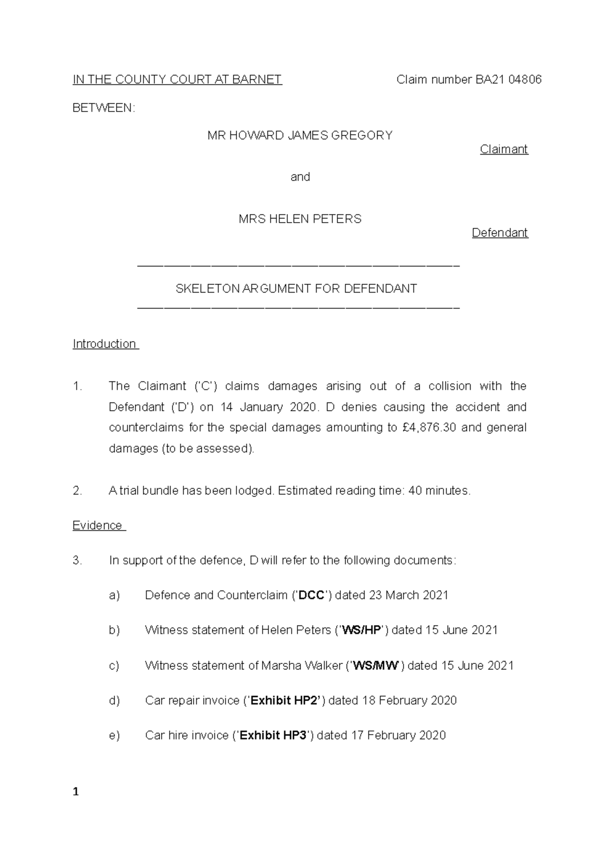 Skeleton Argument for Defendant in Gregory v Peters (Claim BA21 04806 ...